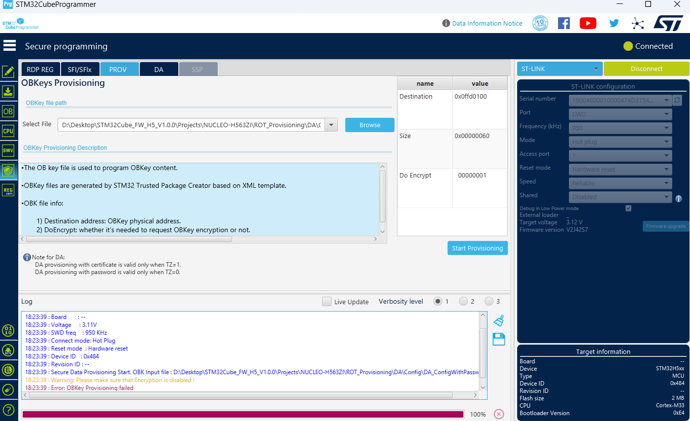 Stm32H563MI OBKey Provisioning failed problem and ... - STMicroelectronics Community