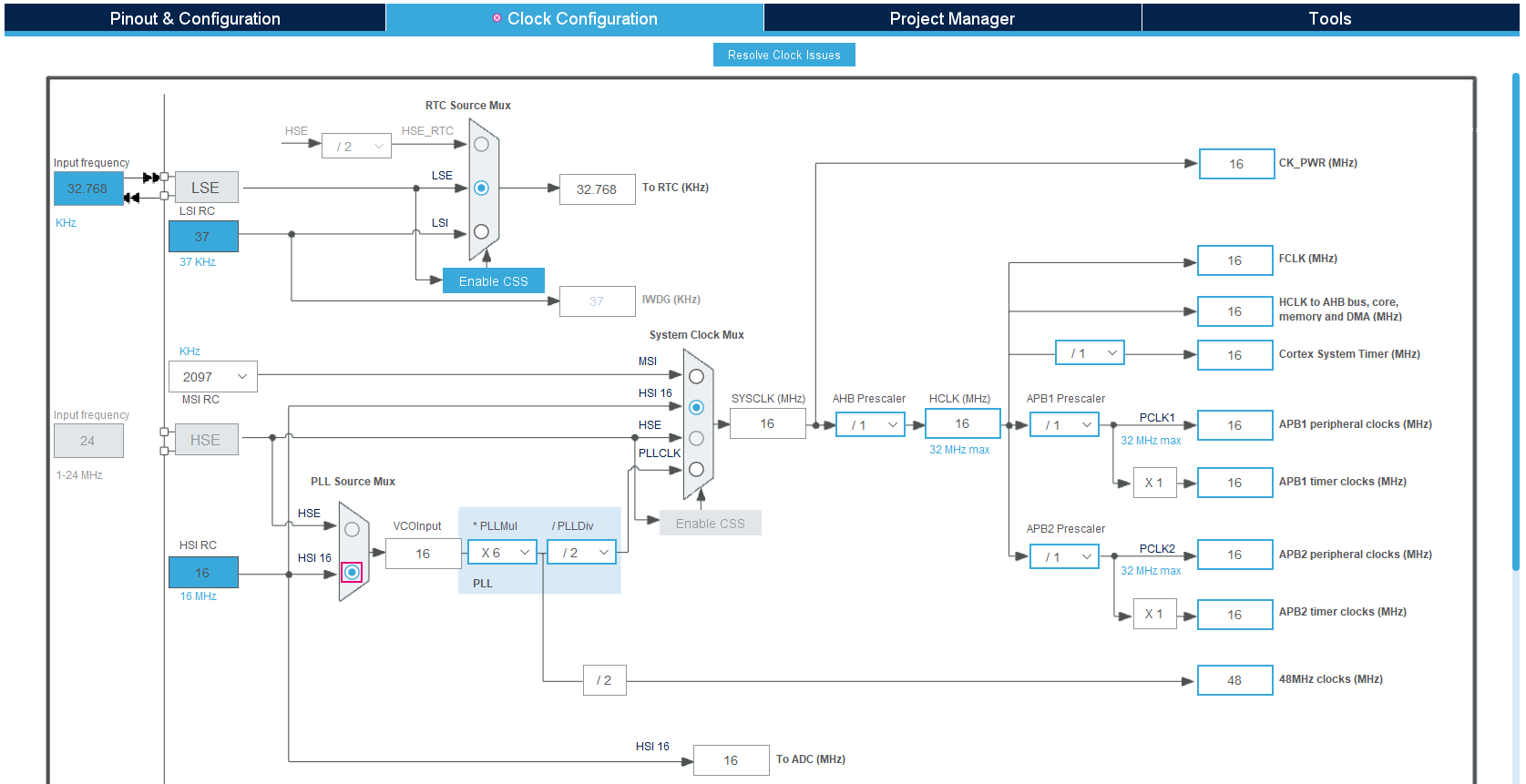 Clock Configuration Issue With Hsi16 Stmicroelectronics Community