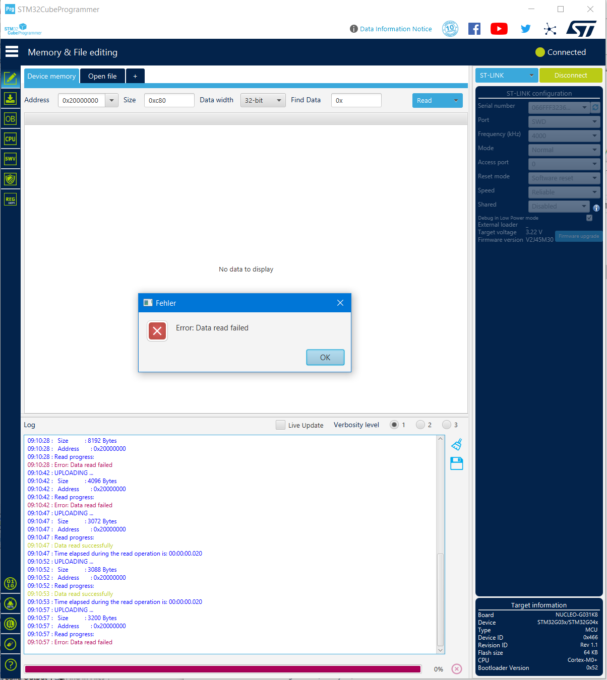 STM32G031K8 Nucleo Error in RAM - STMicroelectronics Community