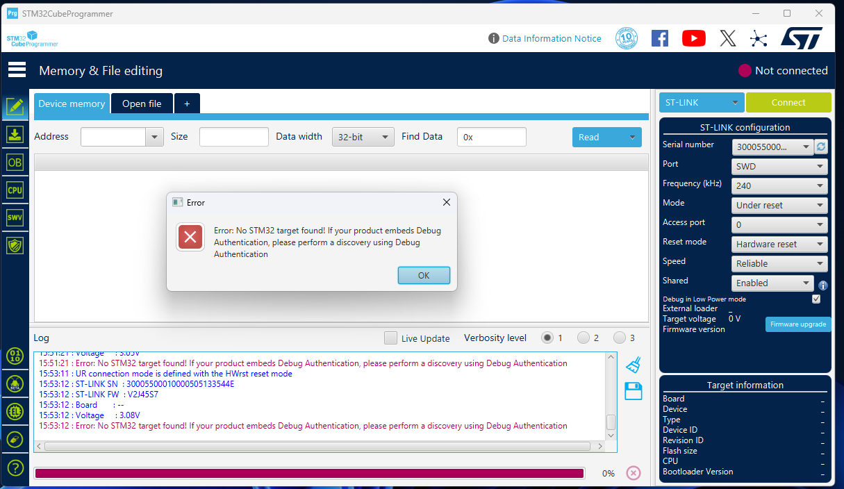Unable to upload my code using Serial Wire Debug - STMicroelectronics Community