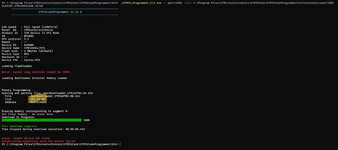 Solved Issue With The External Loader With Stm32h563 Stmicroelectronics Community