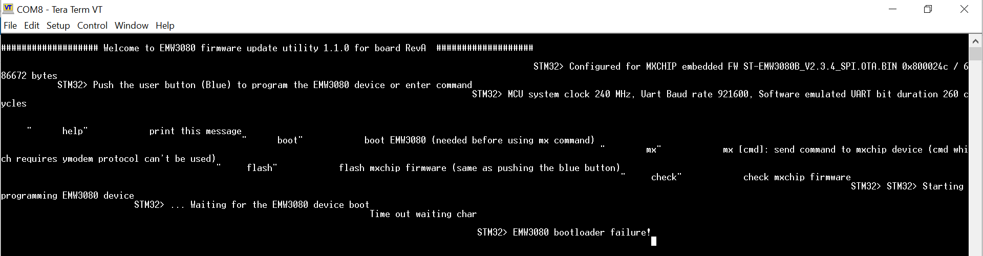 Solved: EMW3080 stops responding after firmware update on ... - STMicroelectronics Community