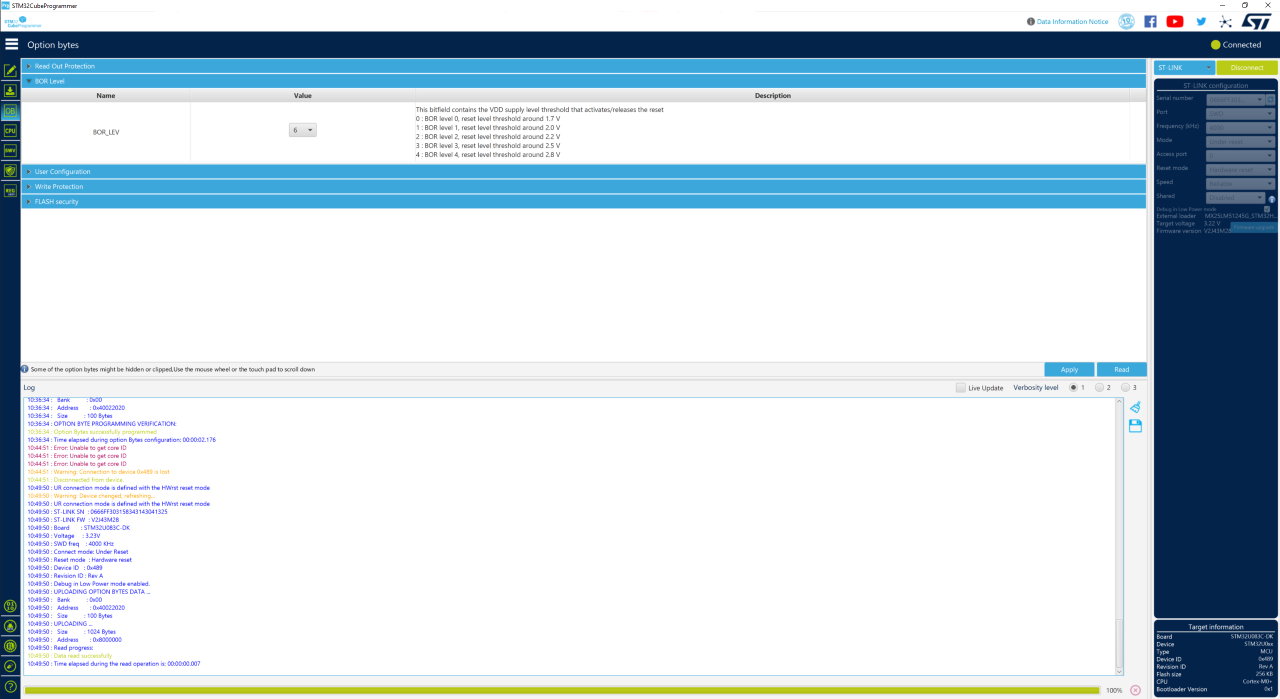 Stm32cubeprog V2170 Wrong Bor Level On Stm32u0x Stmicroelectronics Community