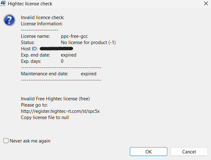 Solved: Null License Path for HighTec - STMicroelectronics Community