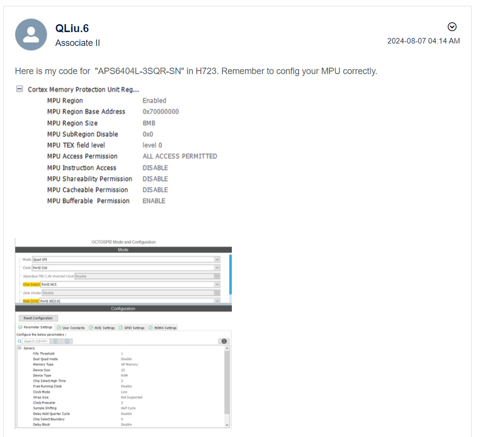 STM32H7B0 OCTA SPI not working for APS6404 QSPI RA ...