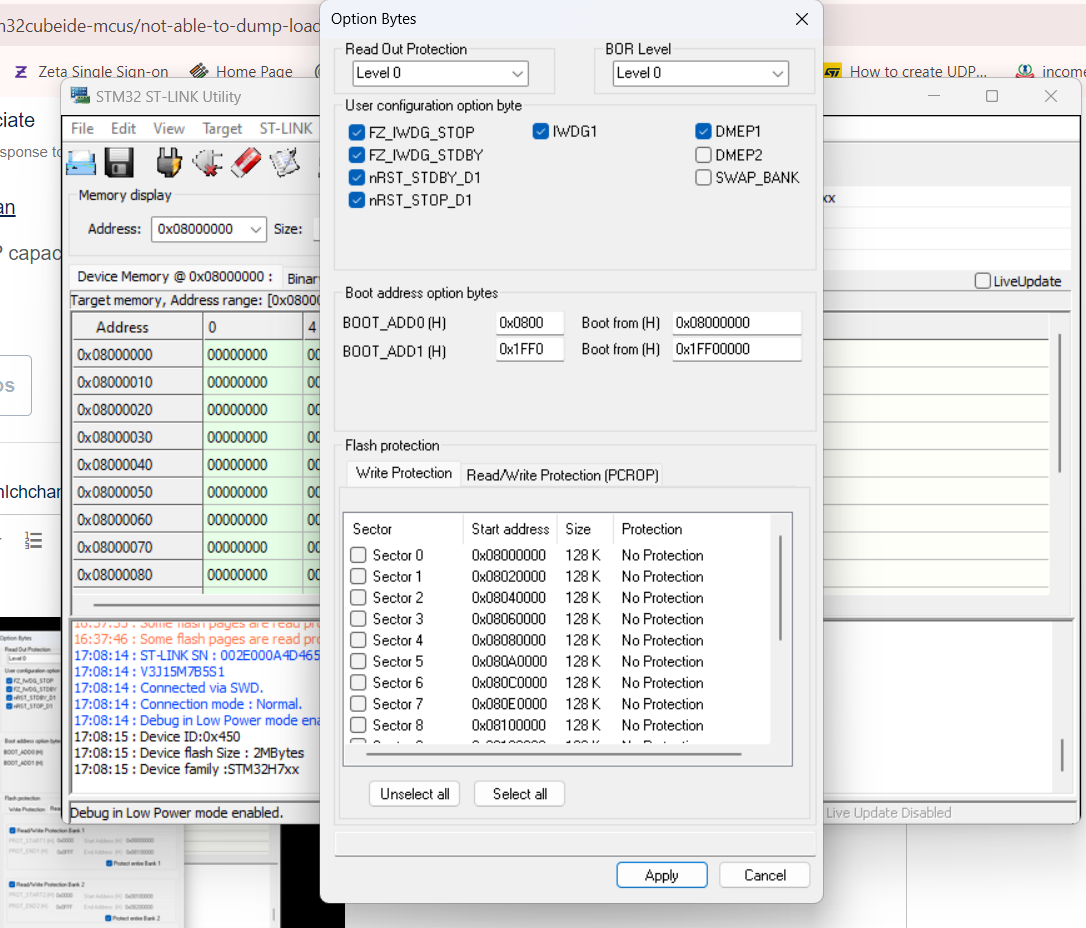 Not able to dump/load program via ST Link Programm ...