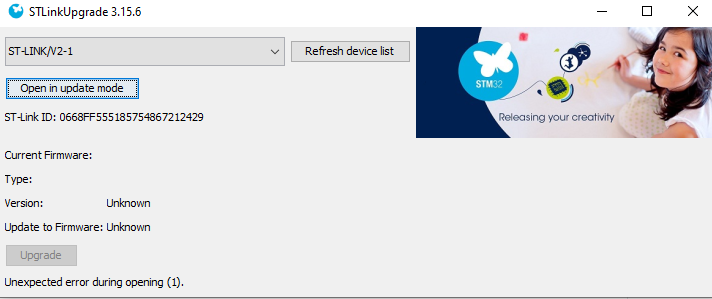 Solved: CubeProgrammer current firmware unknown - STMicroelectronics Community