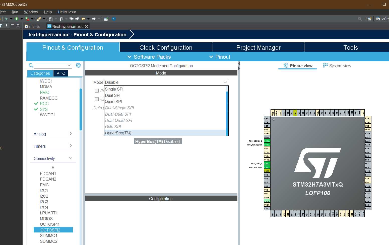 Solved: STM32H7A OCTOSPI / HYPERRAM Disabled in STM32CubeI... - STMicroelectronics Community