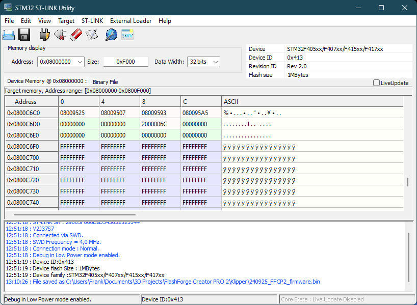 Solved Capture Stm32f405xx Firmware With St Link Utility Stmicroelectronics Community