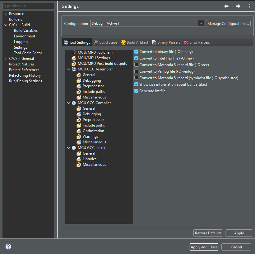 Mcu Mpu Post Build Output Settings Don T Generate Stmicroelectronics Community