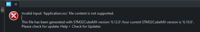 Solved: Invalid Input: 'Application.ioc' file content is n... - STMicroelectronics Community