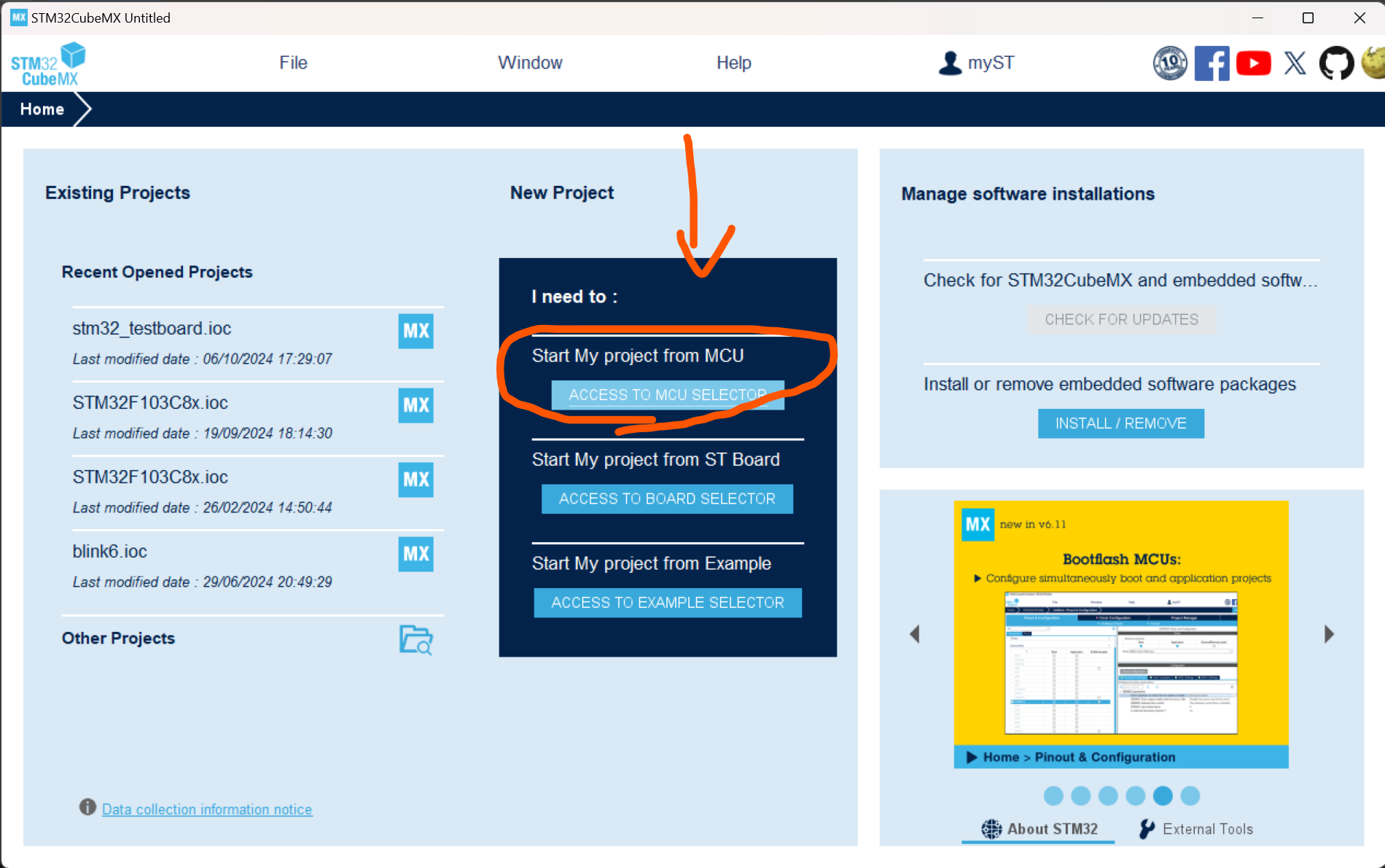 Solved Stm32cubemx Failed To Open Access To Mcu Selector Stmicroelectronics Community