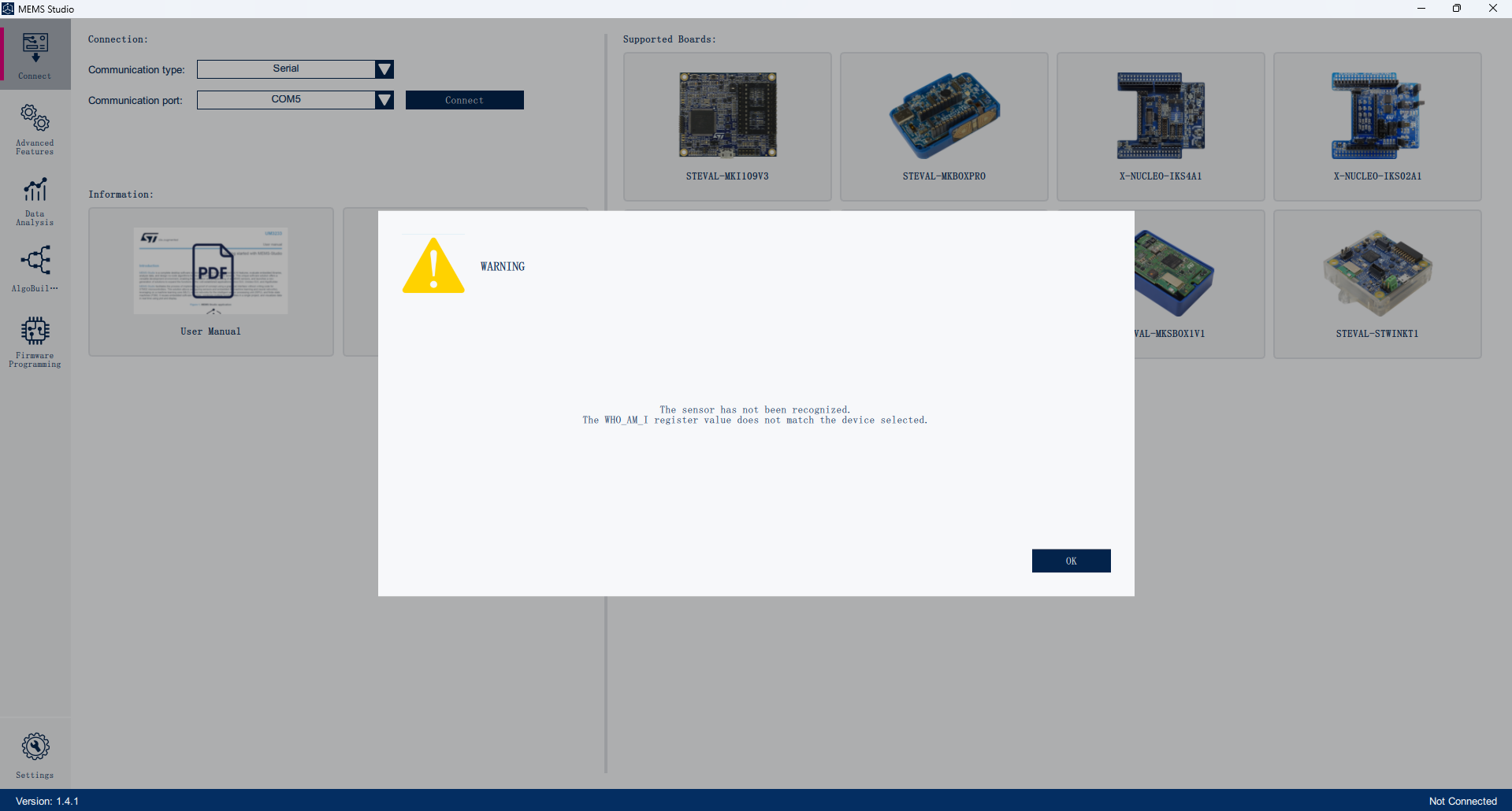 MEMS Studio reports WHO_AM_I issue when using LSM6... - STMicroelectronics Community