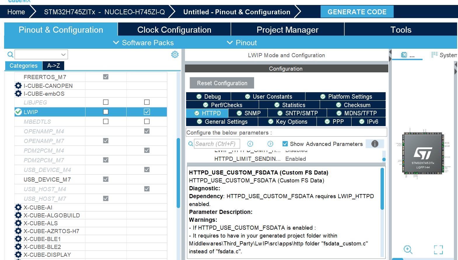 Generating code for HTTPD in NUCLEO-H745ZI Board - STMicroelectronics Community