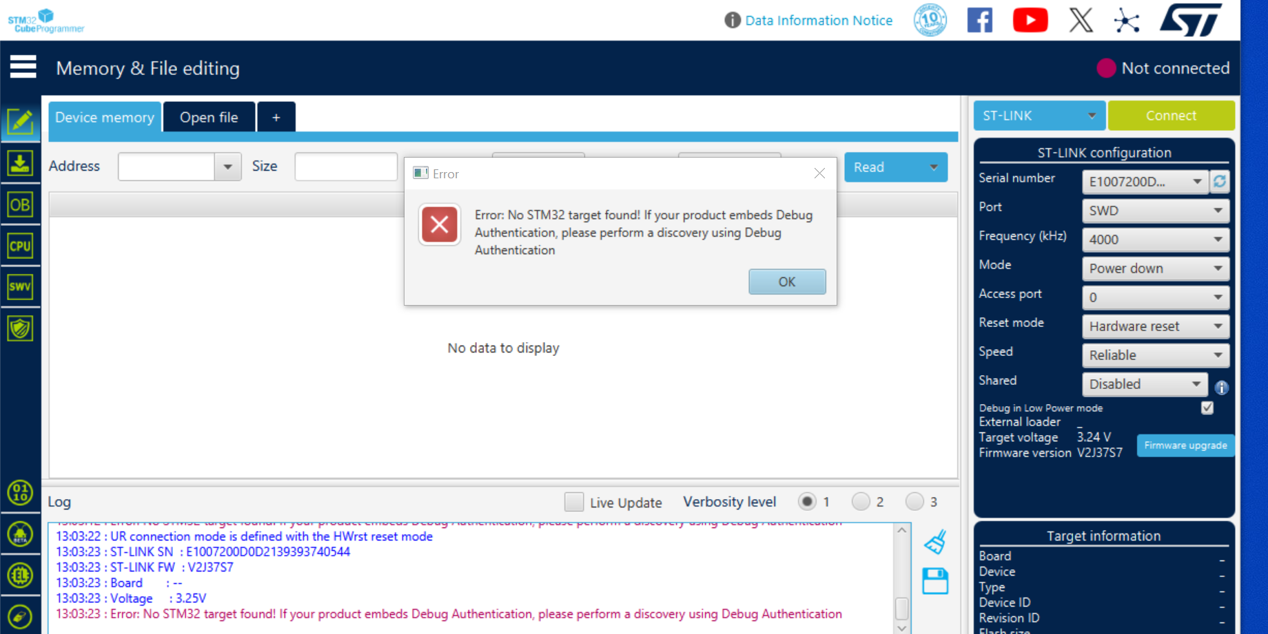 No Stm32 Target Found Stmicroelectronics Community
