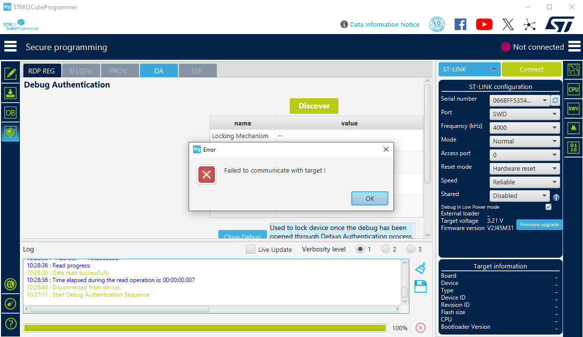 STM32H563Zi: Error in initializing ST-LINK device. - STMicroelectronics Community
