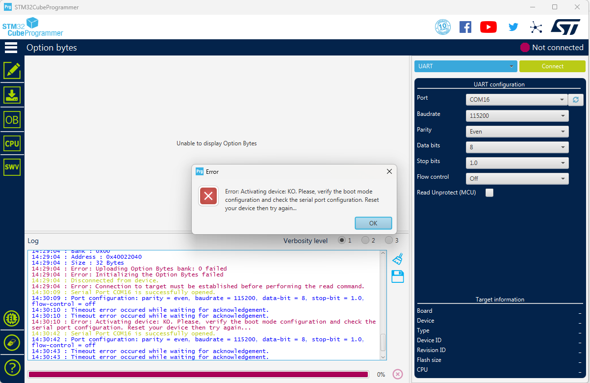 Solved Unable To Boot Stm32 Via Uart And Connect Using St Stmicroelectronics Community