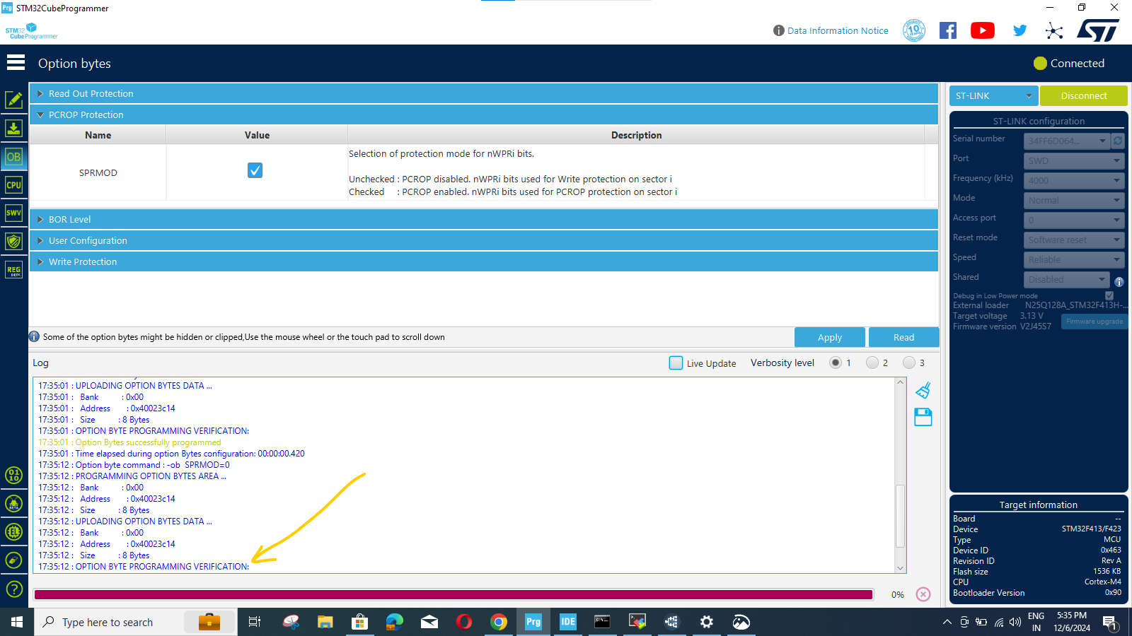 Solved: PCROP Not disabled after RDP Regression, Option ch... - STMicroelectronics Community