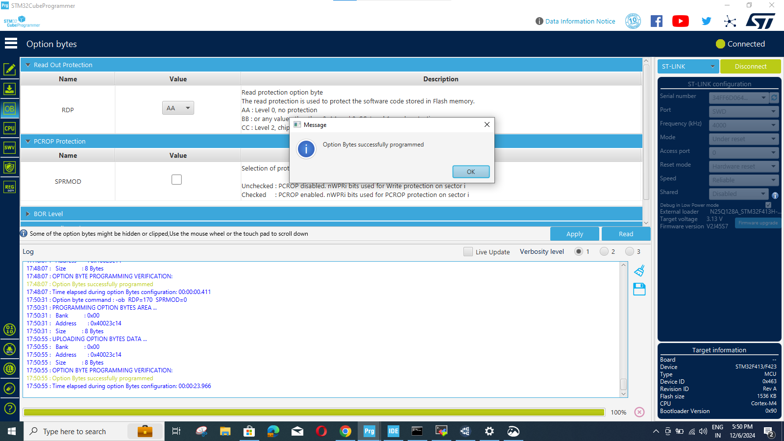 Solved: PCROP Not disabled after RDP Regression, Option ch... - STMicroelectronics Community