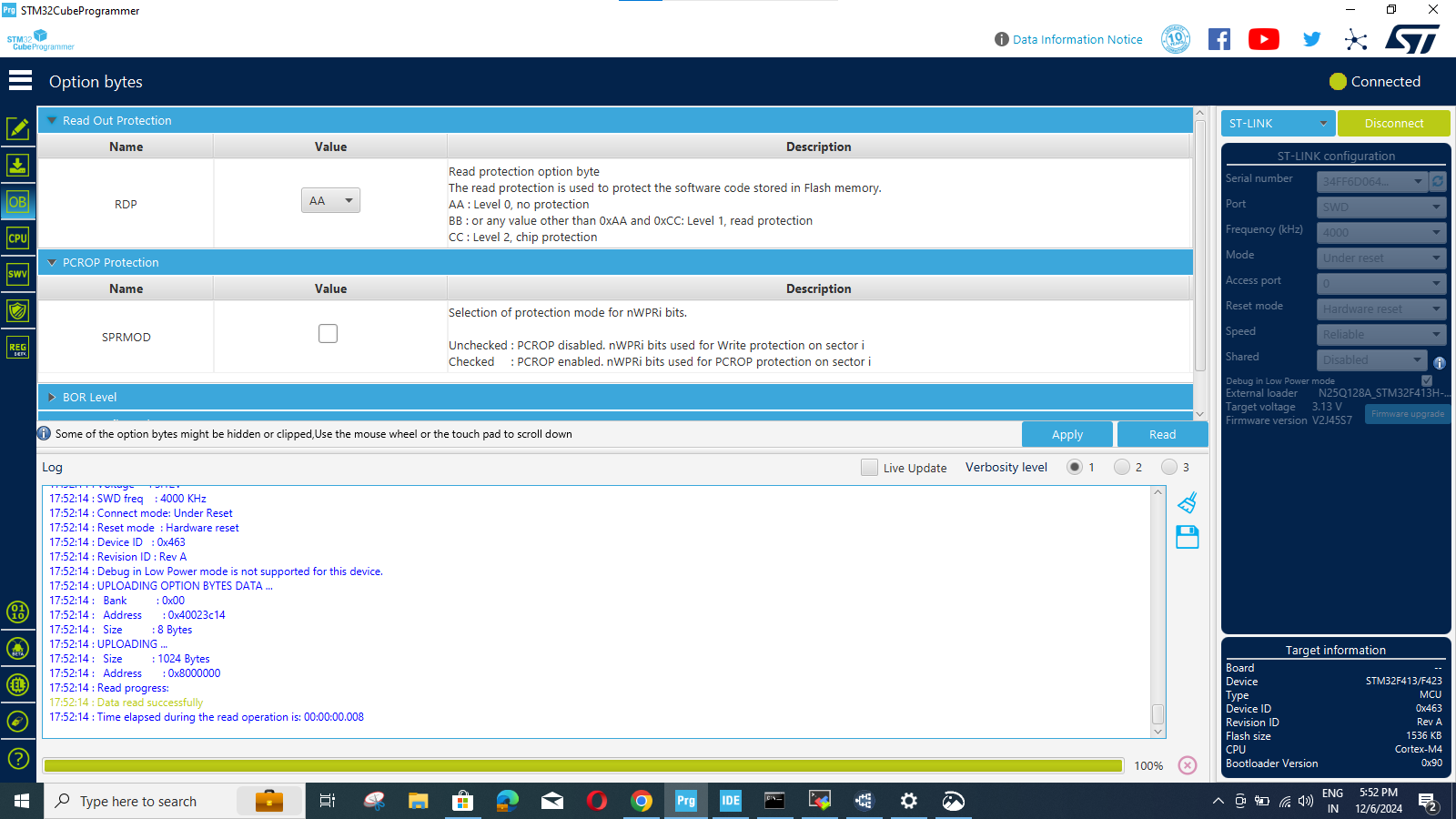 Solved: PCROP Not disabled after RDP Regression, Option ch... - STMicroelectronics Community