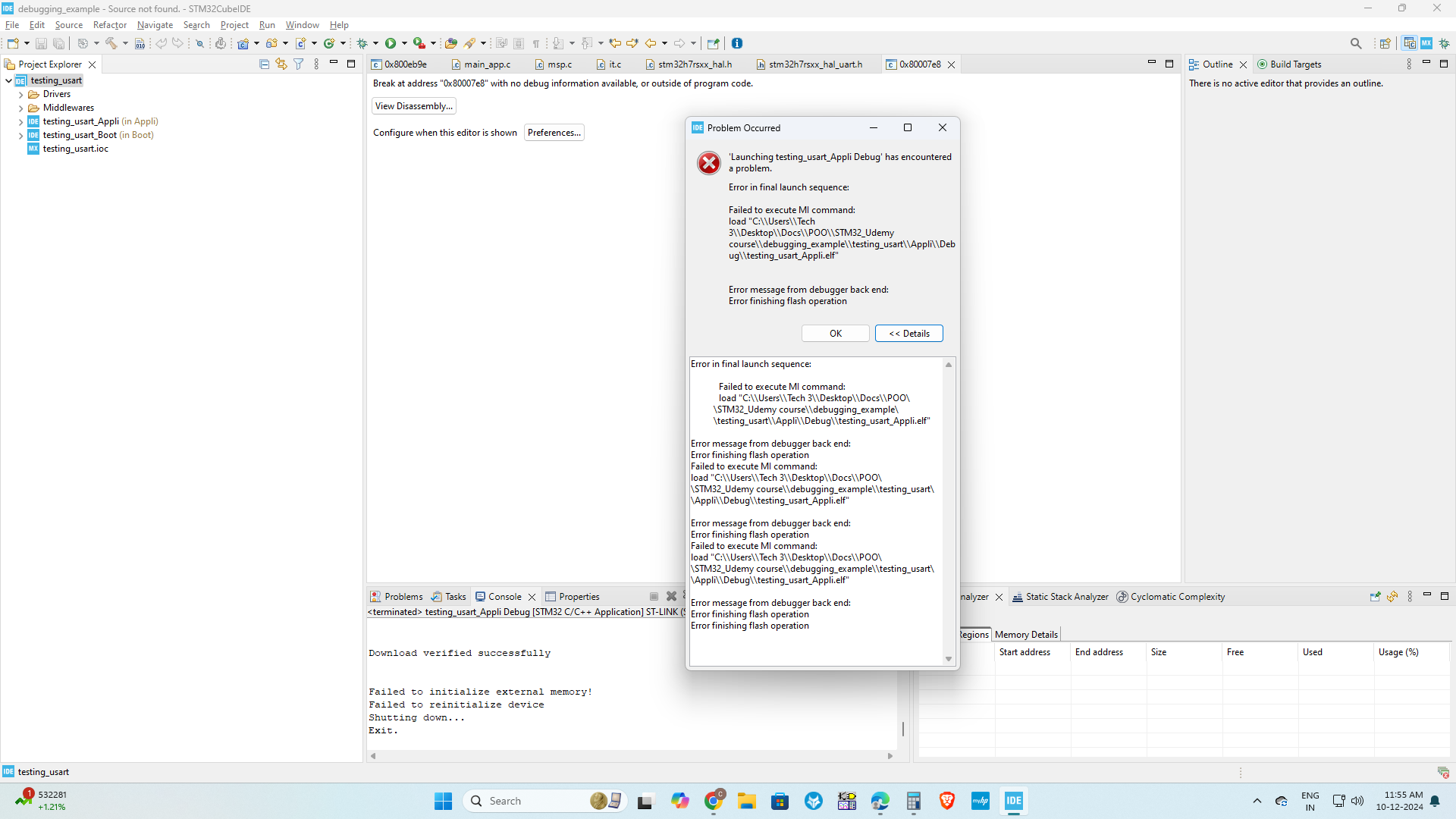Solved Unable To Debug Break At Address 0x80060c4 Stmicroelectronics Community