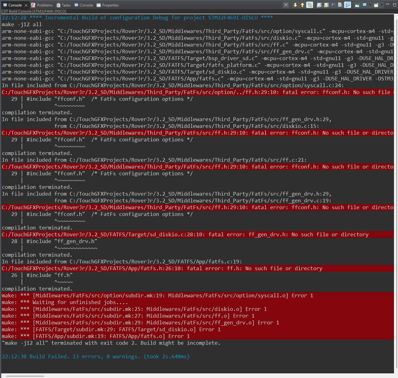 Solved Stm32f469i Disco Missing Fatfsh After Using Cubem Stmicroelectronics Community