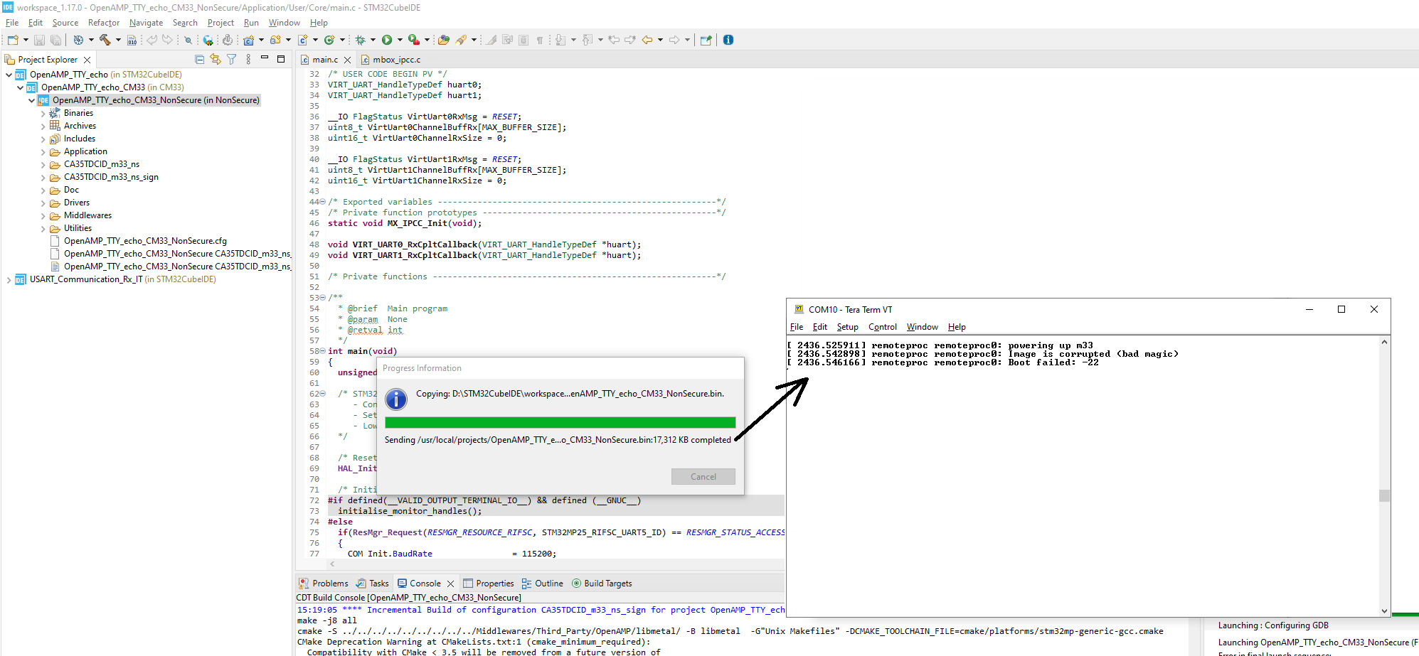 STM32MP257x-EV1 application OpenAMP_TTY_echo Signa ...