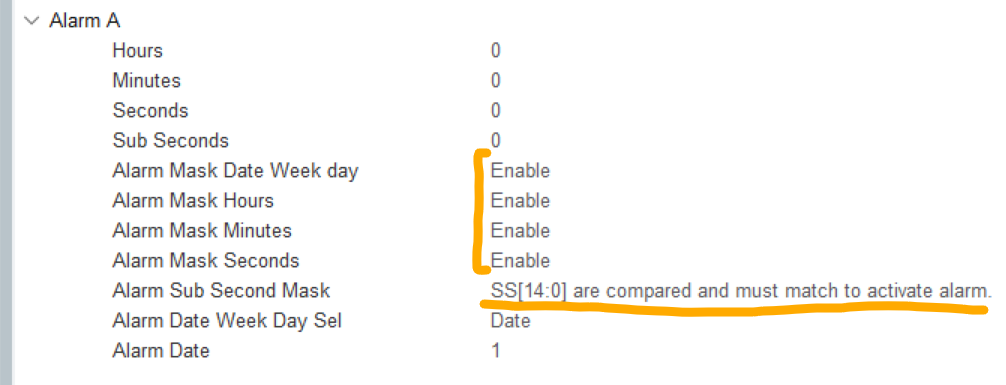 Solved: How to fire RTC alarm every 1s? - STMicroelectronics Community