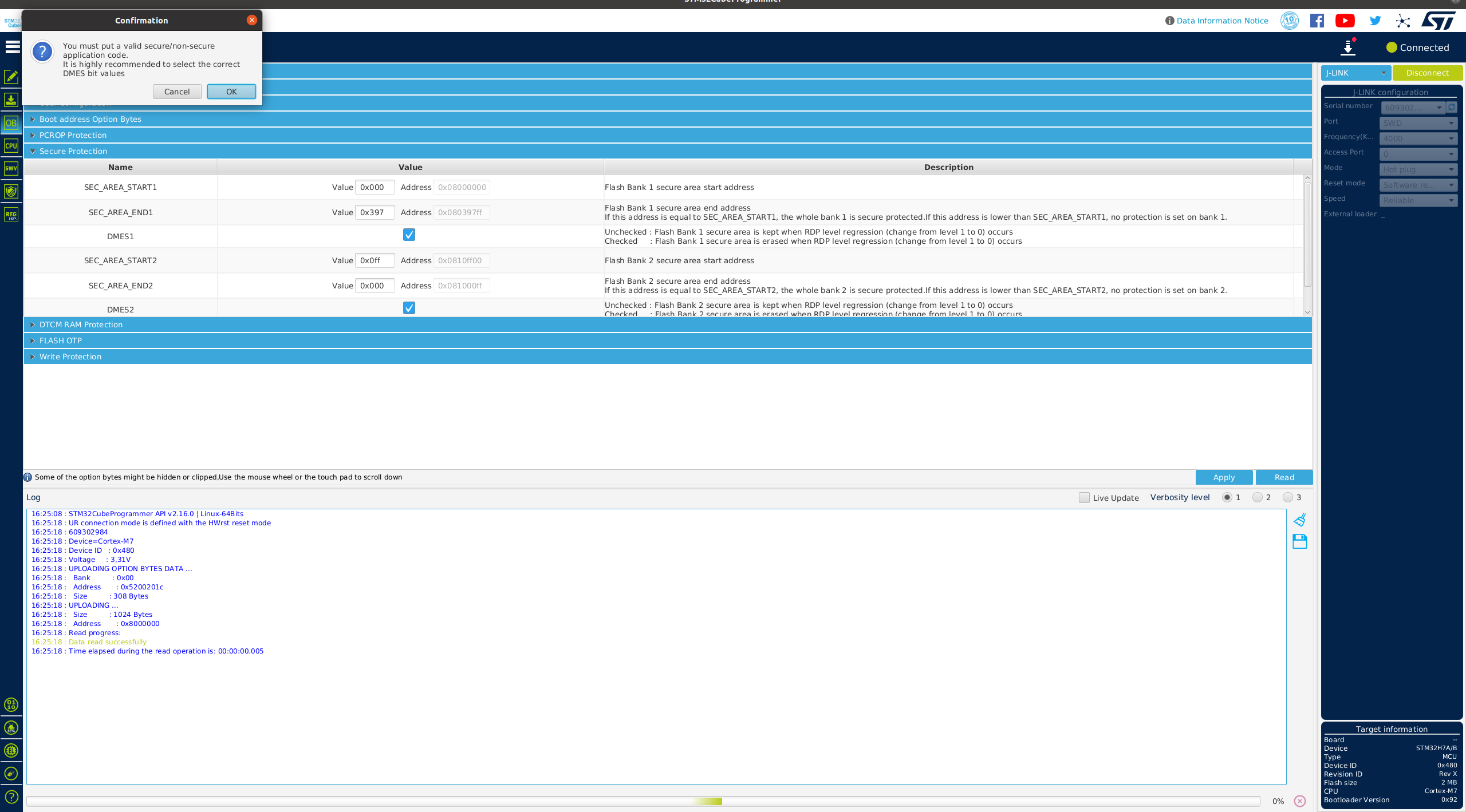 Issue When Enabling Secure User Memory On Stm32h7b