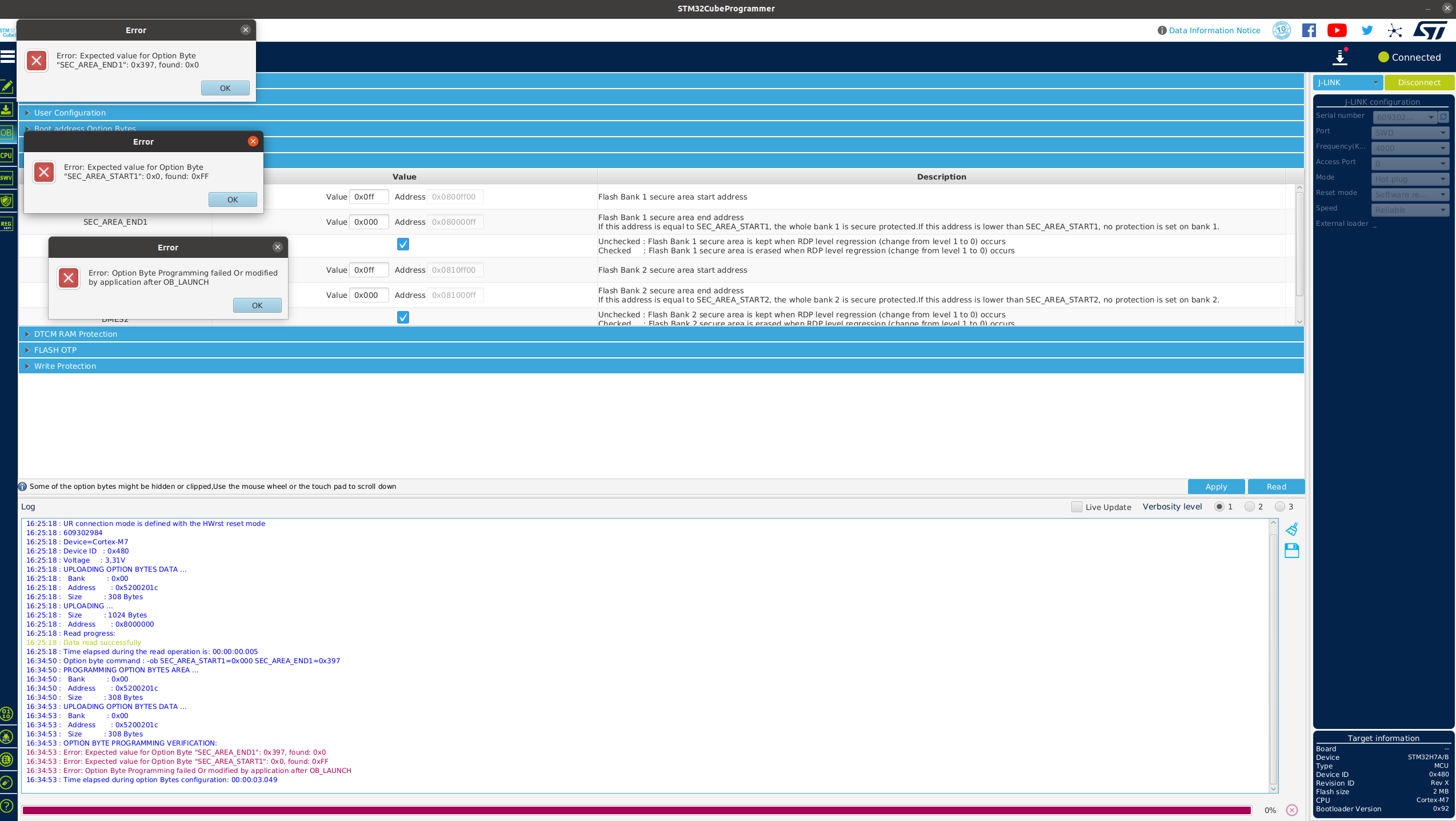 Issue When Enabling Secure User Memory On Stm32h7b Stmicroelectronics Community