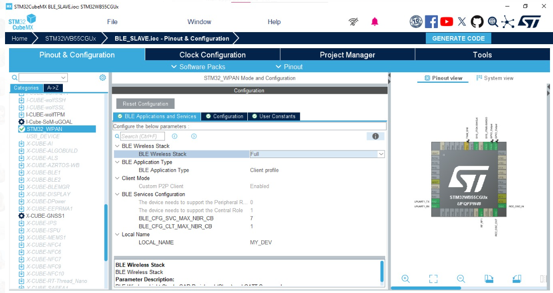 STM32WB55CGU7 BLE client configuration - STMicroelectronics Community