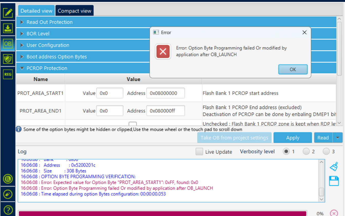 Stm32h7 Cant Set Protarea Option Bytes Stmicroelectronics Community