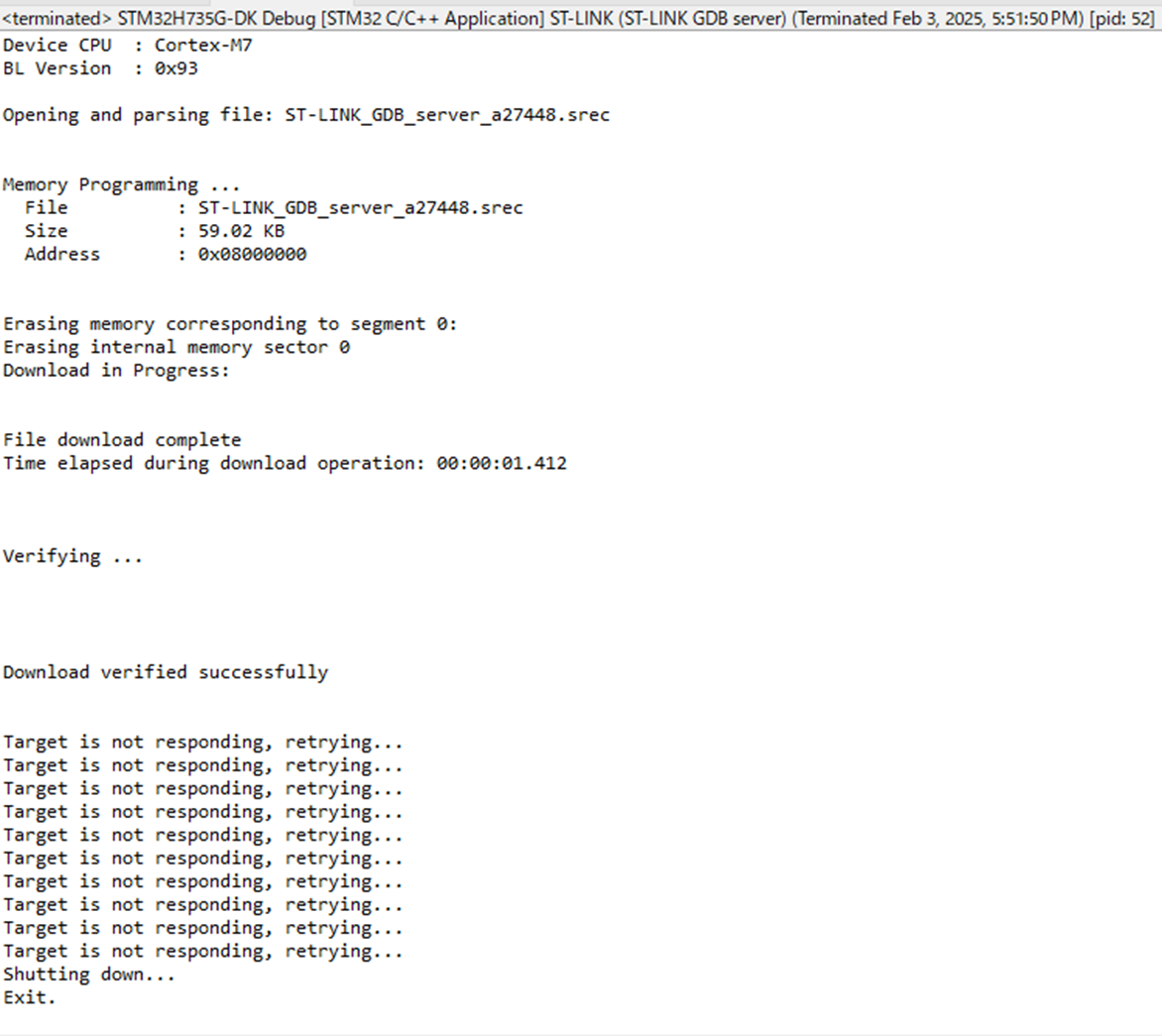 Solved: Debugging STM32H735G-DK: "No device found on targe... - STMicroelectronics Community
